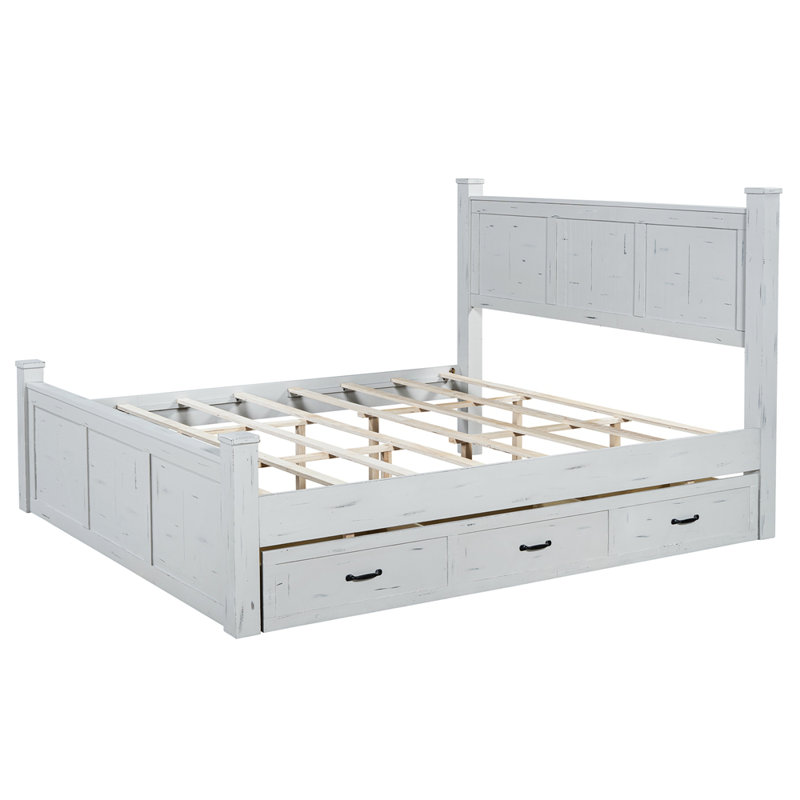 Lark Manor™ Farmhouse Style Wood Panel Bed Frame Four Square Poster Bed with Three Storage ...